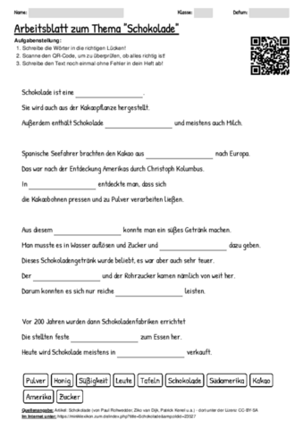 Arbeitsblatt mit QR-Code zum Thema "Schokolade (einfache Sprache ...