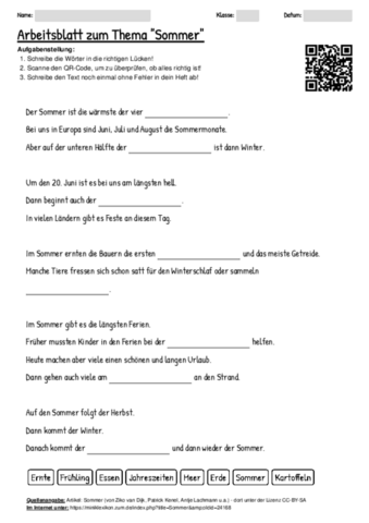 Arbeitsblatt mit QR-Code zum Thema "Sommer (einfache Sprache ...