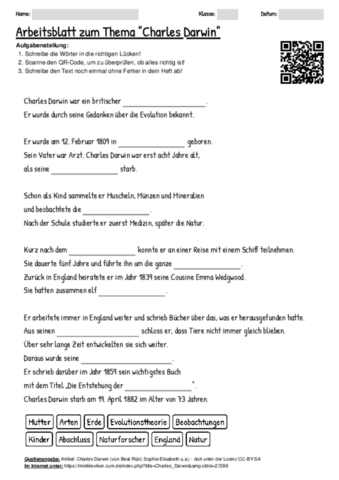 Arbeitsblatt mit QR-Code zum Thema "Charles Darwin (einfache Sprache ...