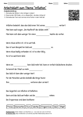 Arbeitsblatt mit QR-Code zum Thema "Inflation (einfache Sprache ...