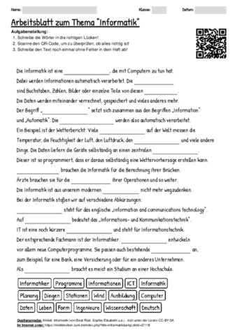 Arbeitsblatt mit QR-Code zum Thema "Informatik (einfache Sprache ...