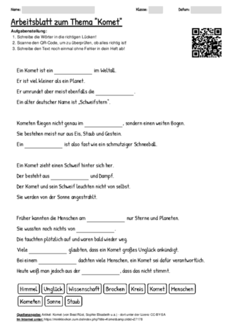 Arbeitsblatt mit QR-Code zum Thema "Komet (einfache Sprache ...