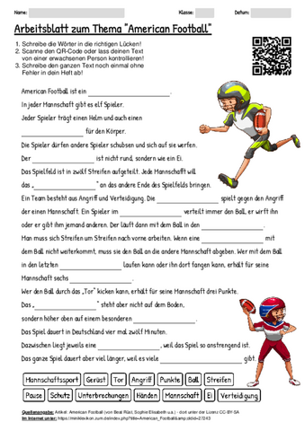 Arbeitsblatt zum Thema "American Football (einfache Sprache ...