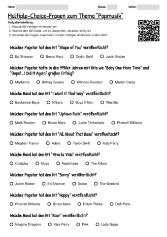 Arbeitsblatt mit QR-Code zum Thema "Popmusik" | Unterricht.Schule