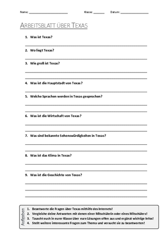 Arbeitsblatt zum Thema "Texas" | Unterricht.Schule