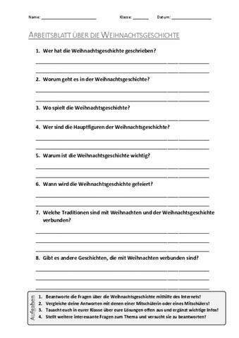 Arbeitsblatt zum Thema "Weihnachtsgeschichte" | Unterricht.Schule