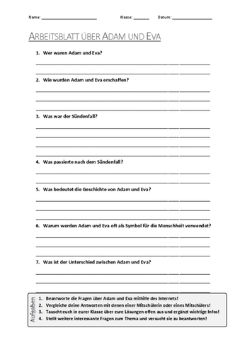 Arbeitsblatt zum Thema "Adam und Eva" | Unterricht.Schule