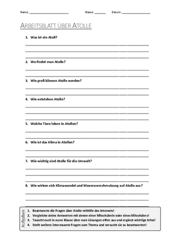 Arbeitsblatt zum Thema "Atolle" | Unterricht.Schule