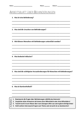 Arbeitsblatt zum Thema "Behinderung" | Unterricht.Schule