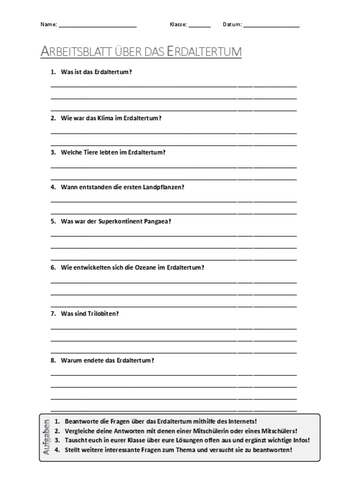 Arbeitsblatt zum Thema "Erdaltertum" | Unterricht.Schule