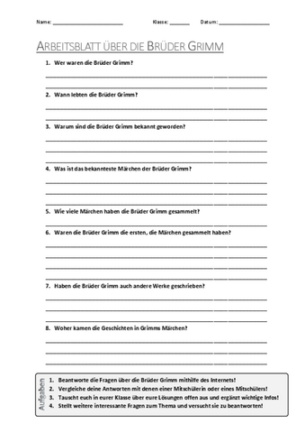 Arbeitsblatt zum Thema "Brüder Grimm" | Unterricht.Schule