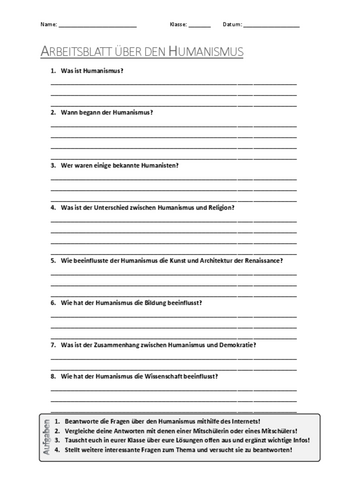 Arbeitsblatt zum Thema "Humanismus" | Unterricht.Schule
