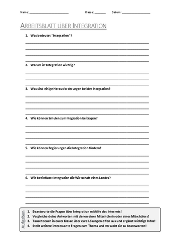 Arbeitsblatt zum Thema "Integration" | Unterricht.Schule