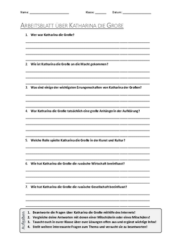 Arbeitsblatt zum Thema "Katharina die Große" | Unterricht.Schule