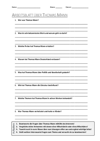 Arbeitsblatt zum Thema "Thomas Mann" | Unterricht.Schule
