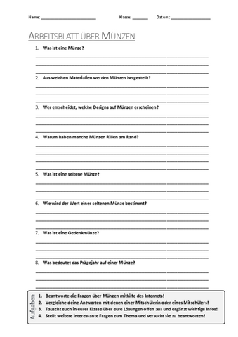 Arbeitsblatt zum Thema "Münze" | Unterricht.Schule