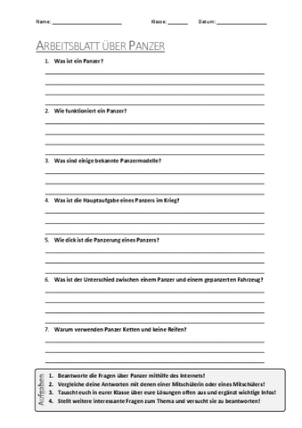 Arbeitsblatt zum Thema "Panzer" | Unterricht.Schule