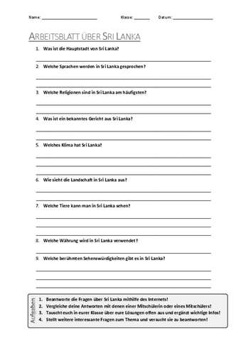 Arbeitsblatt zum Thema "Sri Lanka" | Unterricht.Schule