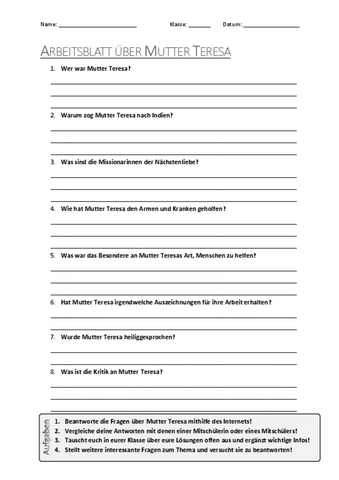 Arbeitsblatt zum Thema "Mutter Teresa" | Unterricht.Schule