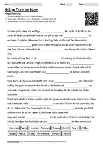 Arbeitsblatt mit QR-Code zum Thema "Heilige Texte im Islam ...